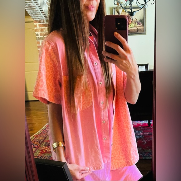 Tops | Entro Boutique Pink Leopard Denim Snap Down Oversized Top Nwot S ...